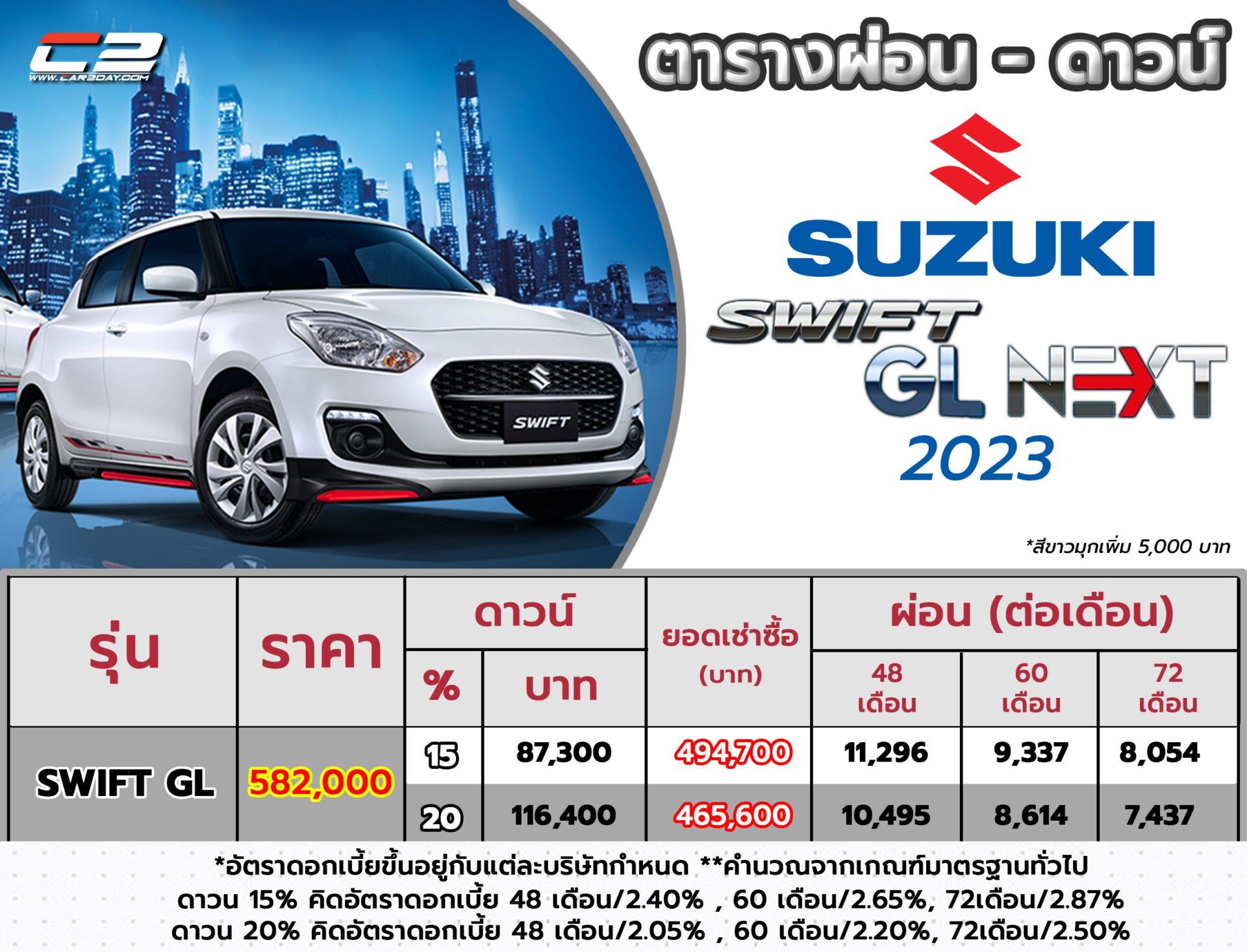 ราคาตารางผ่อน - ดาวน์ 2023 New Suzuki Swift GL NEXT ผ่อนเริ่มต้น 7,437 บาท