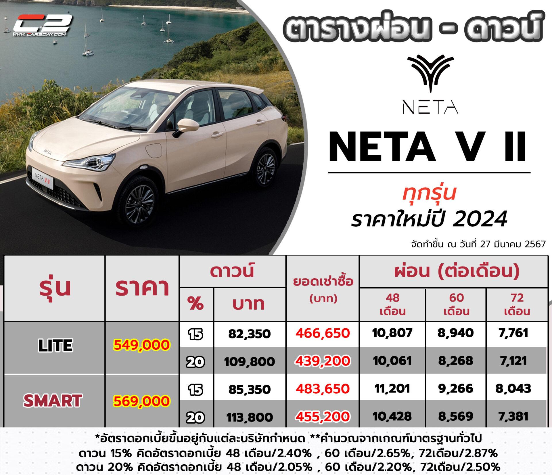 ราคาตารางผ่อน - ดาวน์ 2024 NETA V-II ทุกรุ่น ผ่อนเริ่มต้น 7,121 บาท